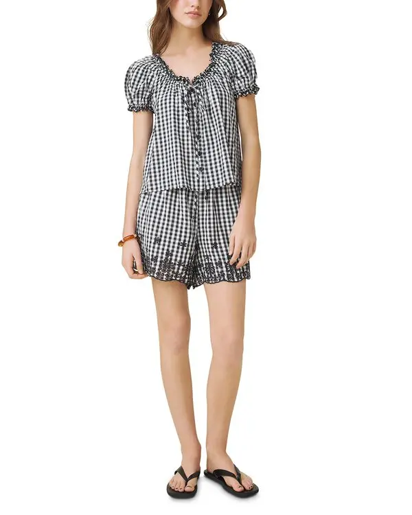Splendid Gingham Puff Sleeve Blouse With Tie Neck - Navy/white