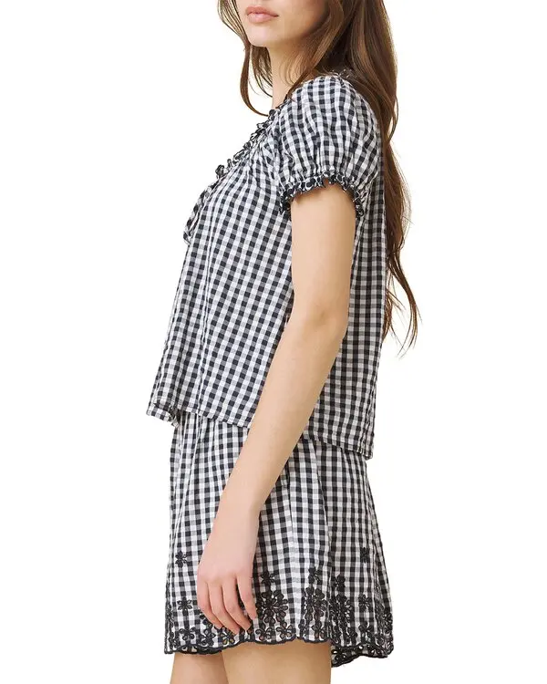 Splendid Gingham Puff Sleeve Blouse With Tie Neck - Navy/white