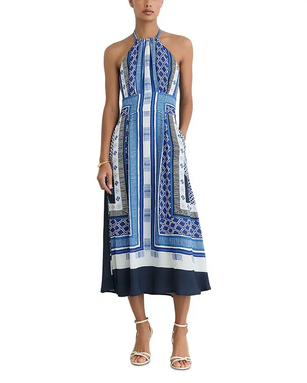 REISS Geometric Print Halterneck Midi Dress