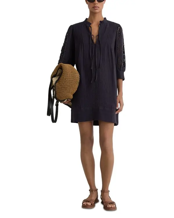 REISS Gia Dress With Embroidered Details - Navy