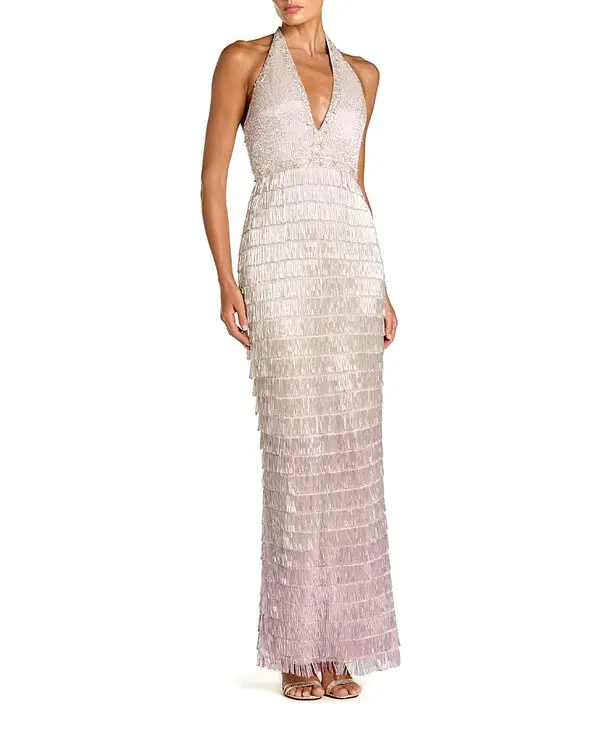 Mac Duggal Halter Neck Embellished Fringe Column Gown