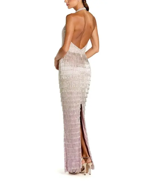 Mac Duggal Halter Neck Embellished Fringe Column Gown