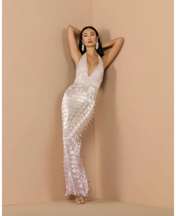 Mac Duggal Halter Neck Embellished Fringe Column Gown