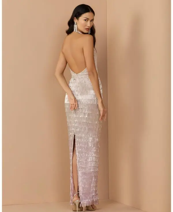 Mac Duggal Halter Neck Embellished Fringe Column Gown