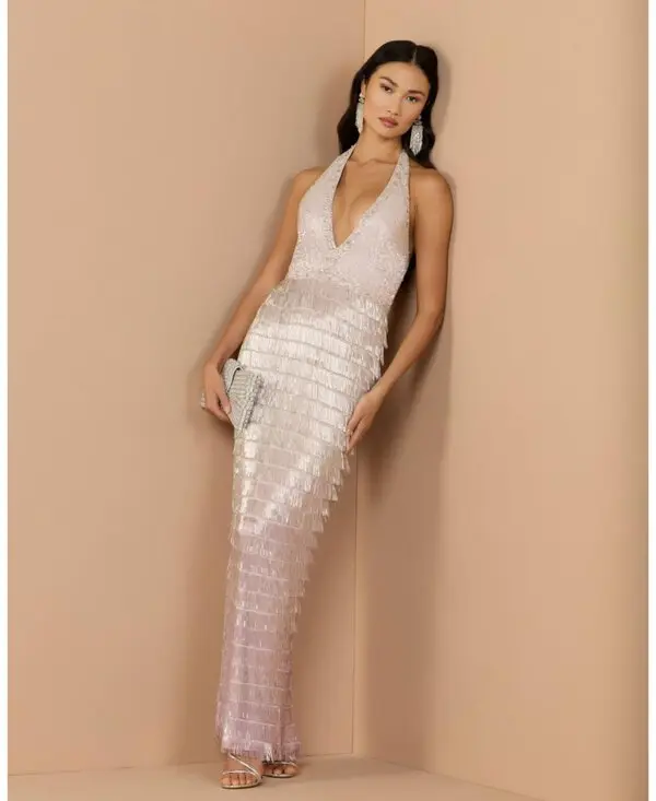 Mac Duggal Halter Neck Embellished Fringe Column Gown