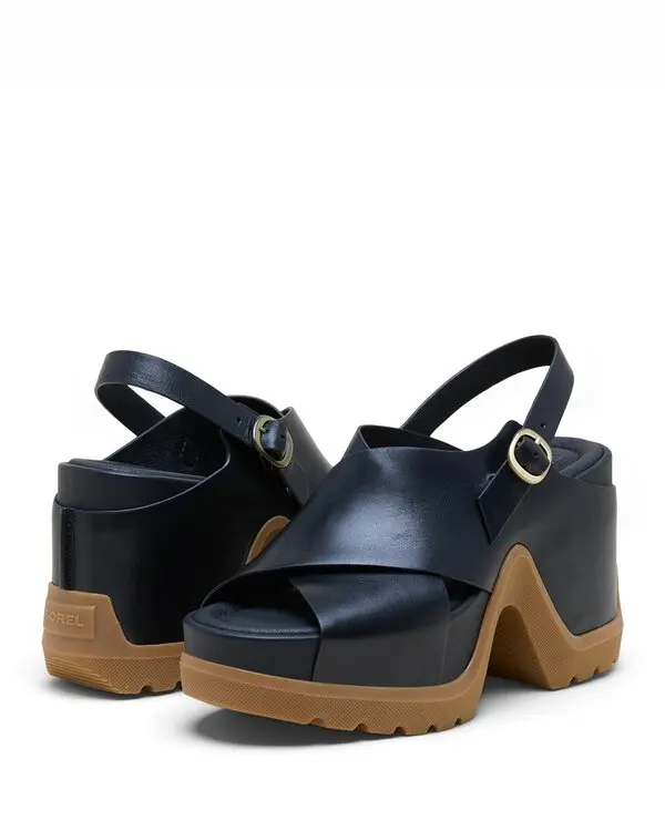 Sorel Platform Sandals With Leather Upper And Adjustable Buckle - Black/gum