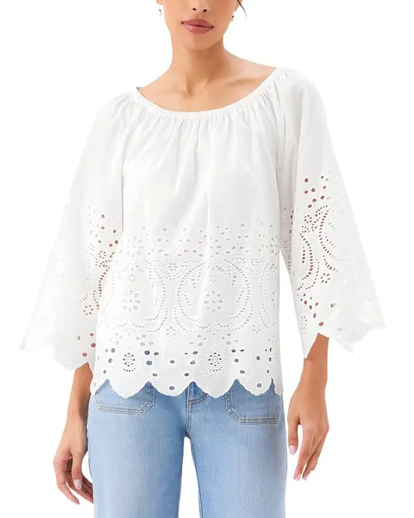 Karen Kane Cutout Embroidery Flared Sleeve Peasant Blouse - Off White