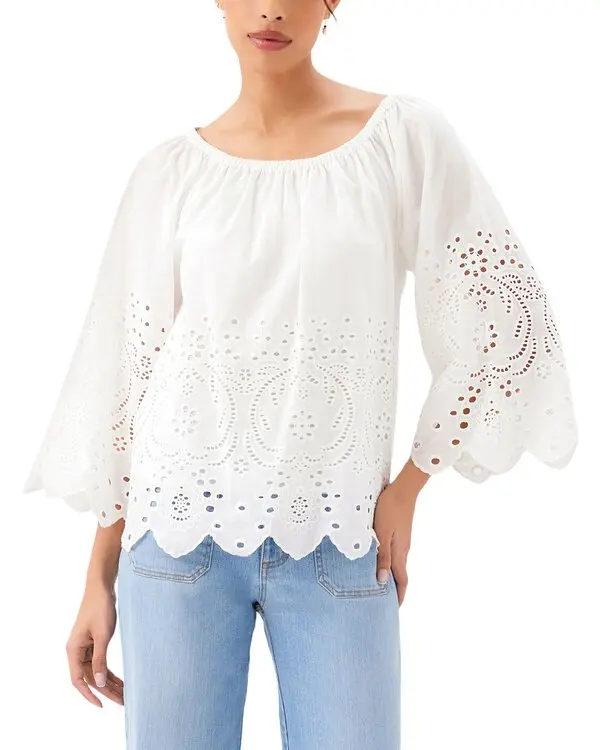 Karen Kane Cutout Embroidery Flared Sleeve Peasant Blouse - Off White