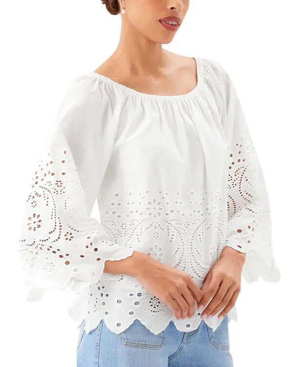 Karen Kane Cutout Embroidery Flared Sleeve Peasant Blouse - Off White