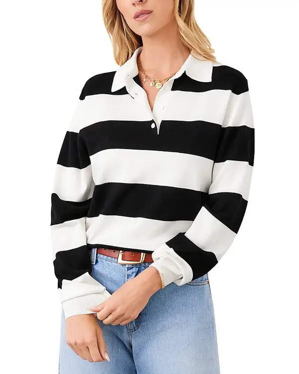 Karen Kane Striped Collared Henley Sweater - Off White/black