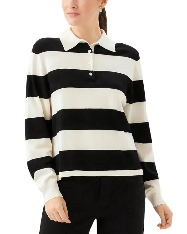 Karen Kane Striped Collared Henley Sweater - Off White/black