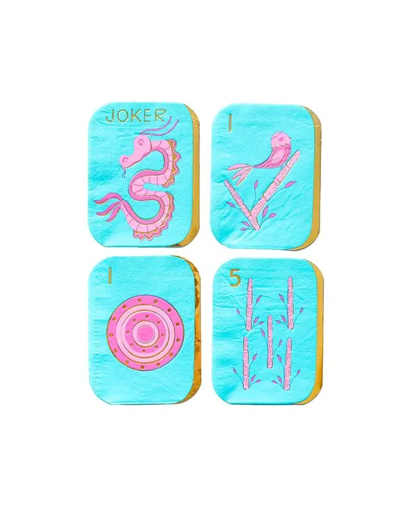 JOLLITY & CO Mahjong Tile Paper Guest Napkins, Set Of 16 - Blue And Pink Mahjong Print Napkins