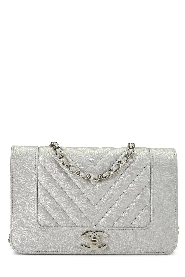 Chanel Quilted Caviar Mademoiselle Wallet On Chain - Silver