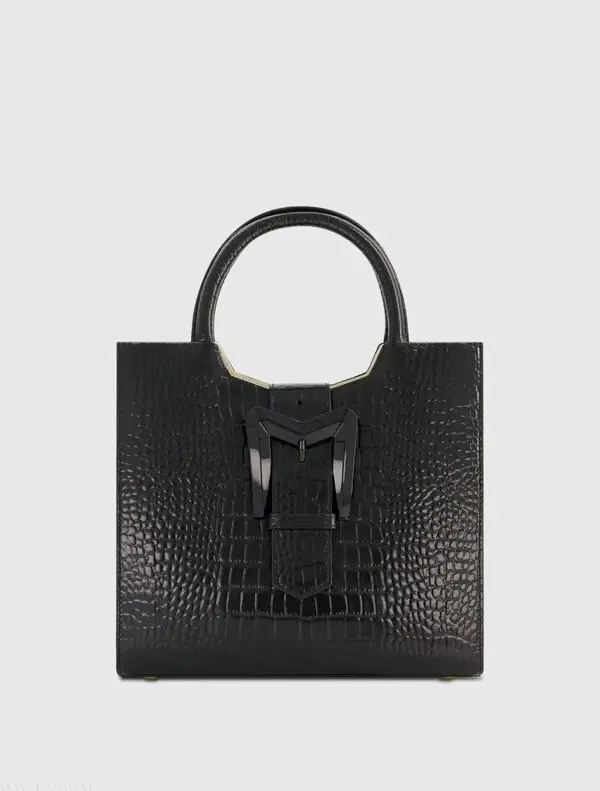 Mac Duggal Croc Embossed Leather Tote - Black