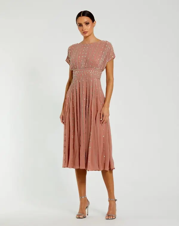 Mac Duggal Embellished Short Sleeve Midi Dress