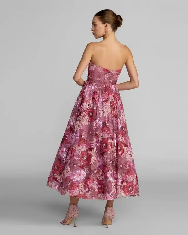 Mac Duggal Floral Sequin Strapless Midi Dress