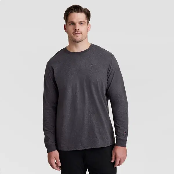 Champion Classic Long Sleeve T-shirt, Embroidered C Logo Big & Tall - Granite Heather