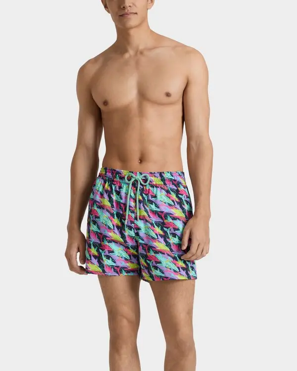 Vilebrequin Stretch Short Swim Trunks With Whales Offset Print - Blue