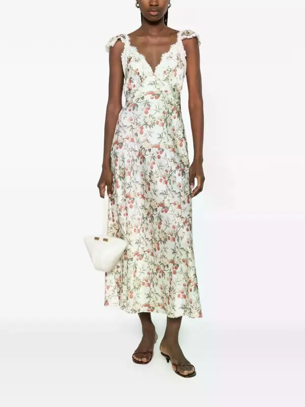 DÔEN Fiona Lace-trim Floral-print Midi Dress - Neutrals