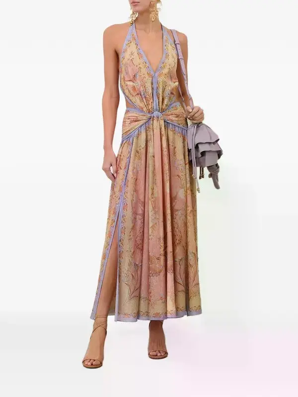 Zimmermann Indra Plunge Halter Maxi Dress - Neutrals