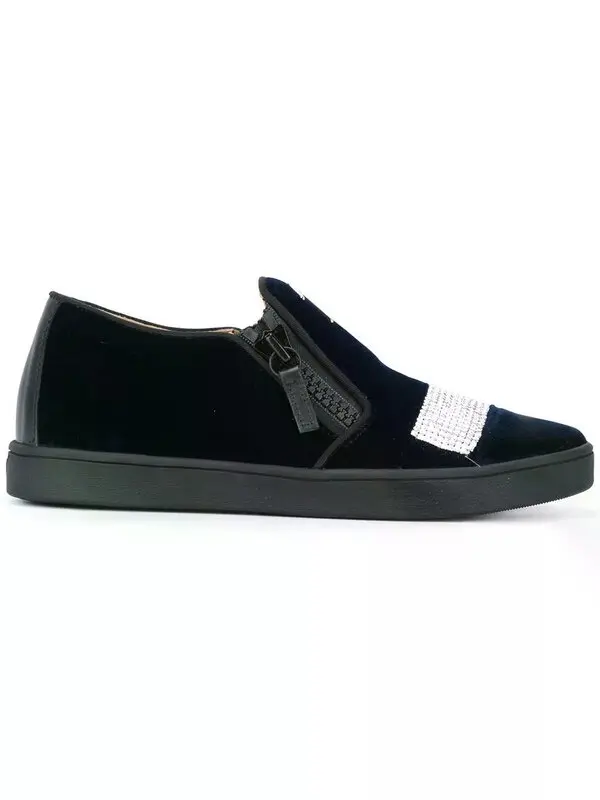 GIUSEPPE ZANOTTI Velvet Slip-on Sneakers With Crystal Embellishments - Black