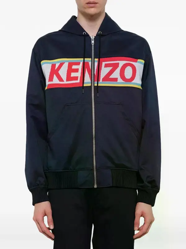 Kenzo Logo Panelled Cotton Zip-up Hoodie - Blue