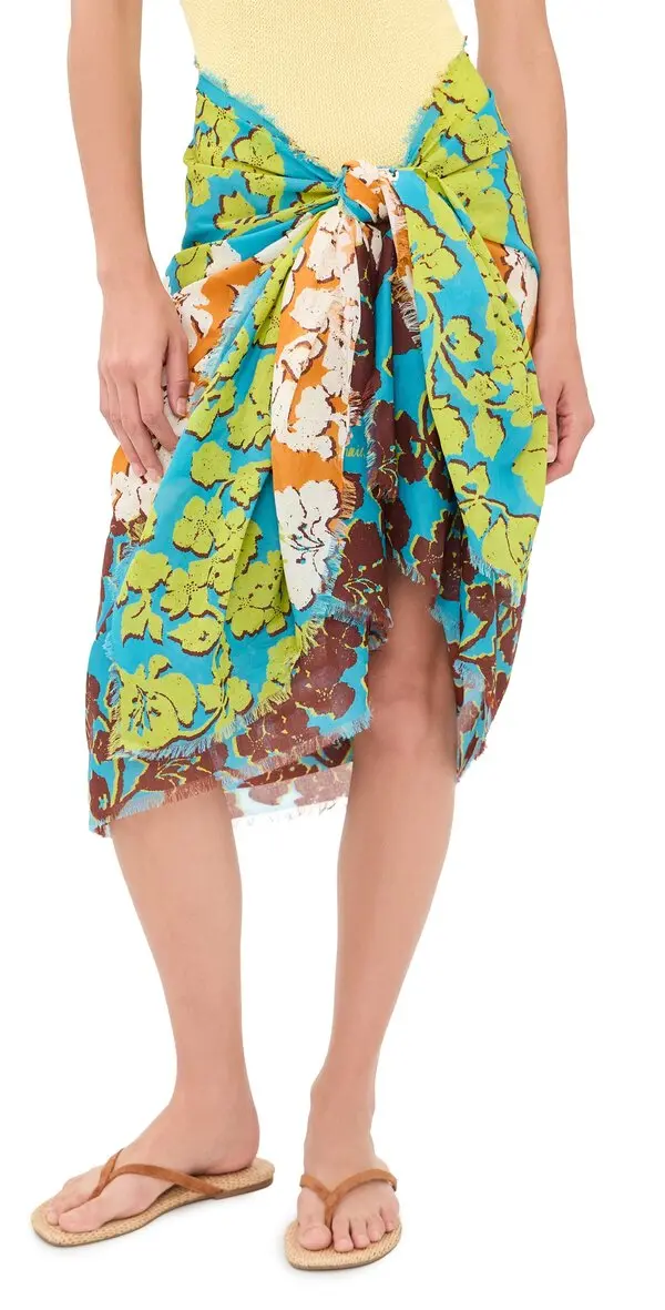 ALEMAIS Splice Cotton Pareo With Floral Print And Fringe Trim - Multi