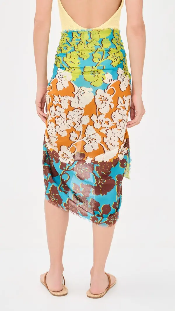 ALEMAIS Splice Cotton Pareo With Floral Print And Fringe Trim