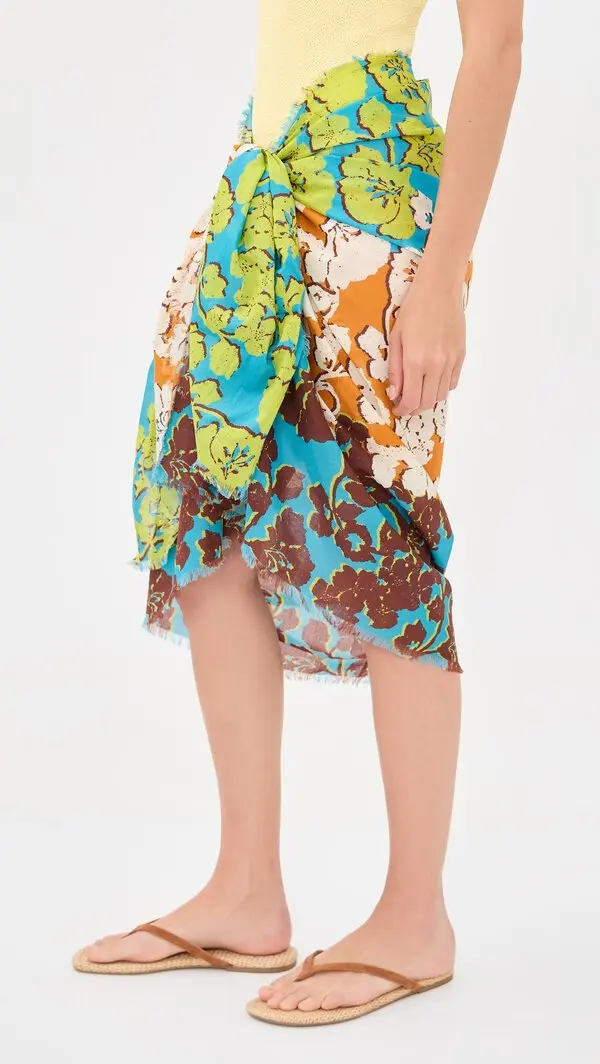 ALEMAIS Splice Cotton Pareo With Floral Print And Fringe Trim