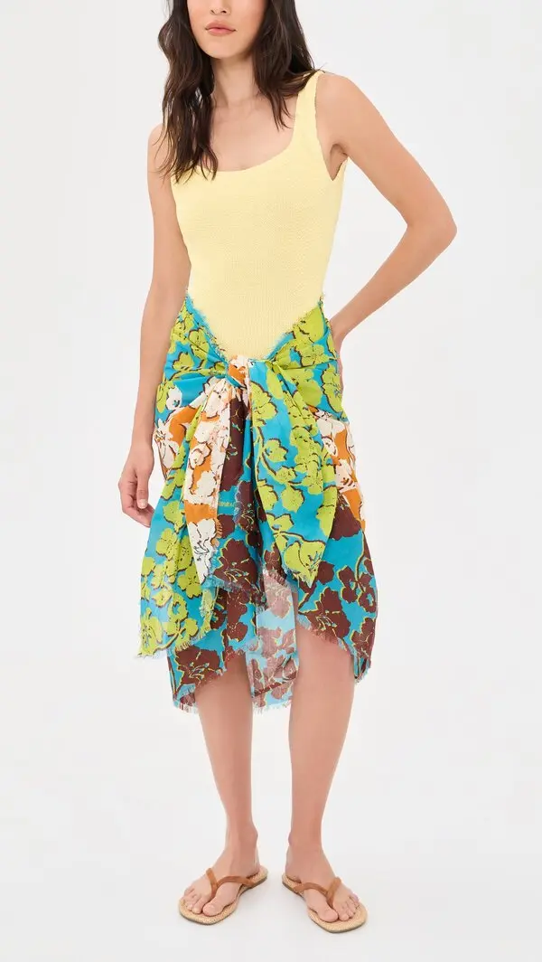 ALEMAIS Splice Cotton Pareo With Floral Print And Fringe Trim