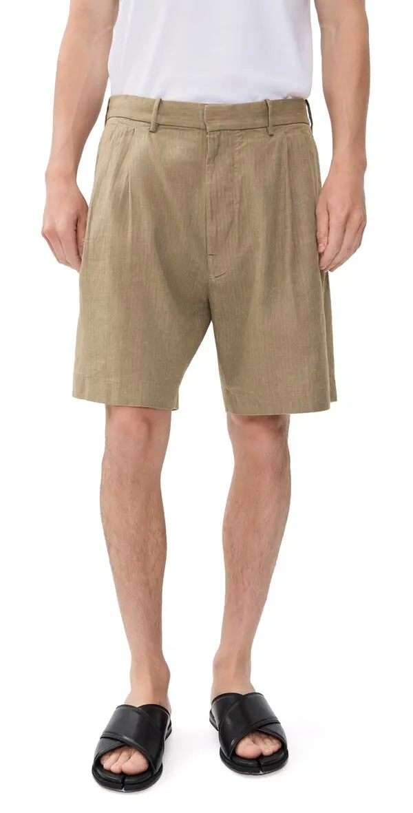 Madewell Herringbone Pleated Linen Blend Shorts - Olive
