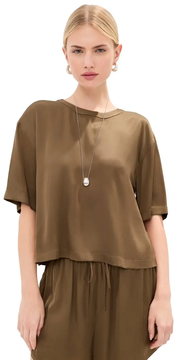 LE BOP Chandler Satin Tee With Crew Neck And Keyhole Back - Hazelnut
