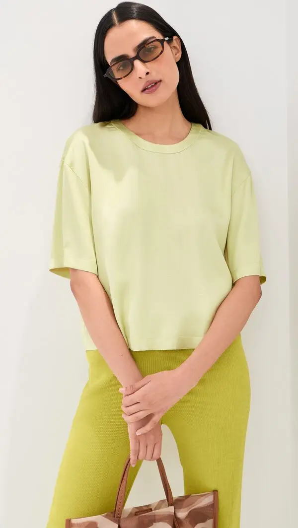 LE BOP Chandler Satin Tee With Crew Neck And Keyhole Back - Honeydew