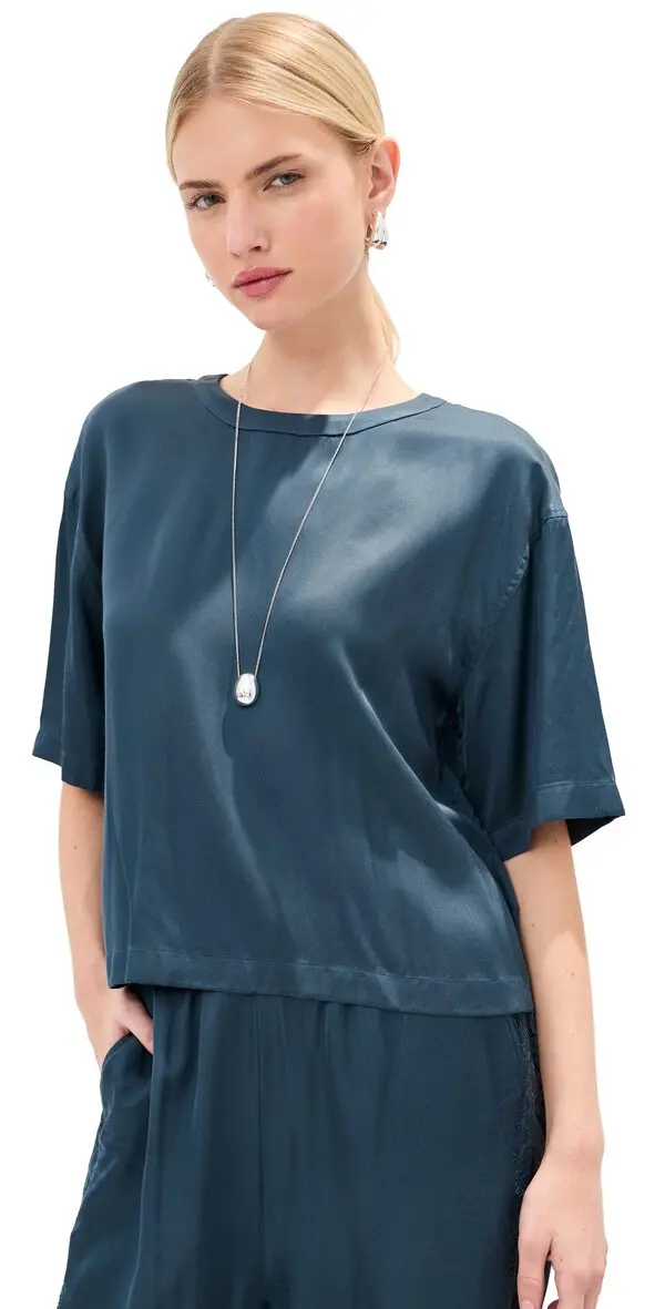 LE BOP Chandler Satin Tee With Crew Neck And Keyhole Back - Navy