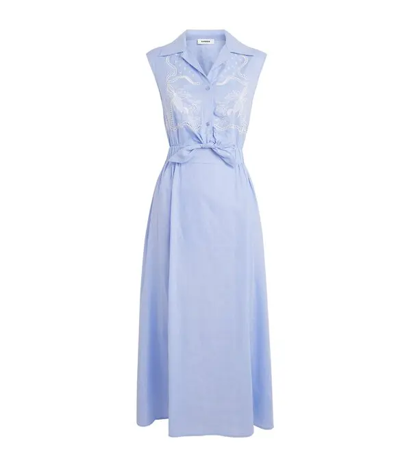 Sandro Embroidered Linen-blend Maxi Shirt Dress - Blue