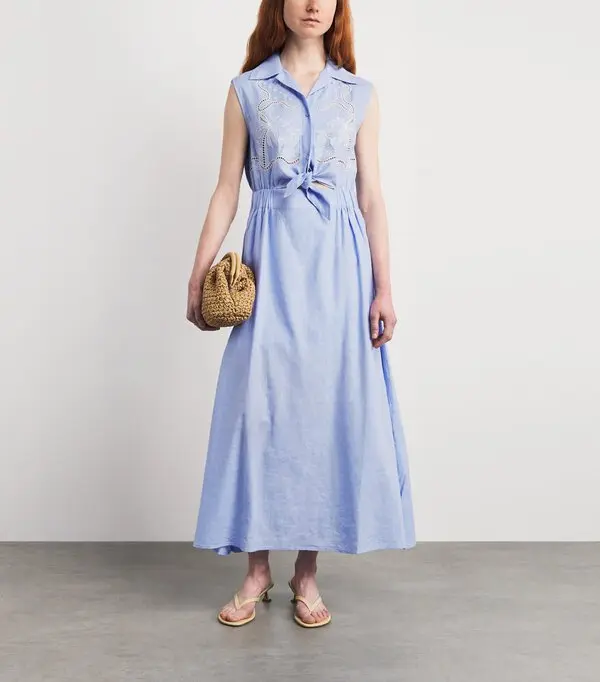 Sandro Embroidered Linen-blend Maxi Shirt Dress - Blue
