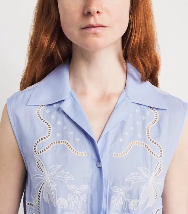 Sandro Embroidered Linen-blend Maxi Shirt Dress - Blue