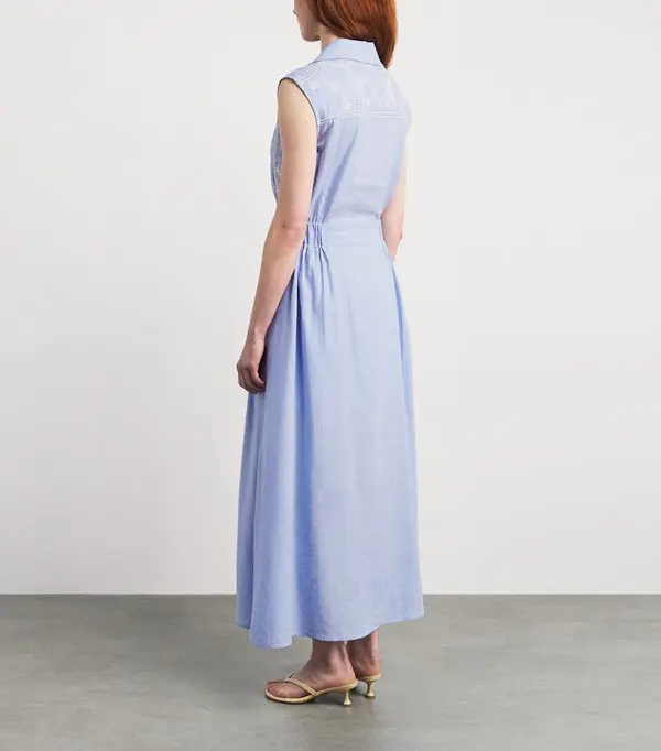 Sandro Embroidered Linen-blend Maxi Shirt Dress - Blue