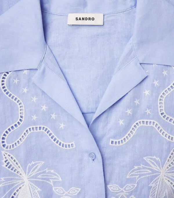 Sandro Embroidered Linen-blend Maxi Shirt Dress - Blue