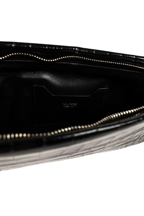 TOM FORD Aura' Crocodile Embossed Leather Clutch With Hoop Handle - Black