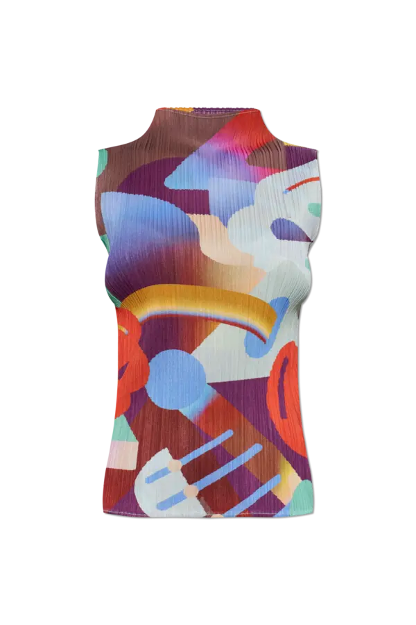 Issey Miyake Sleeveless Pleated Turtleneck Top With Multicolor Spots Print