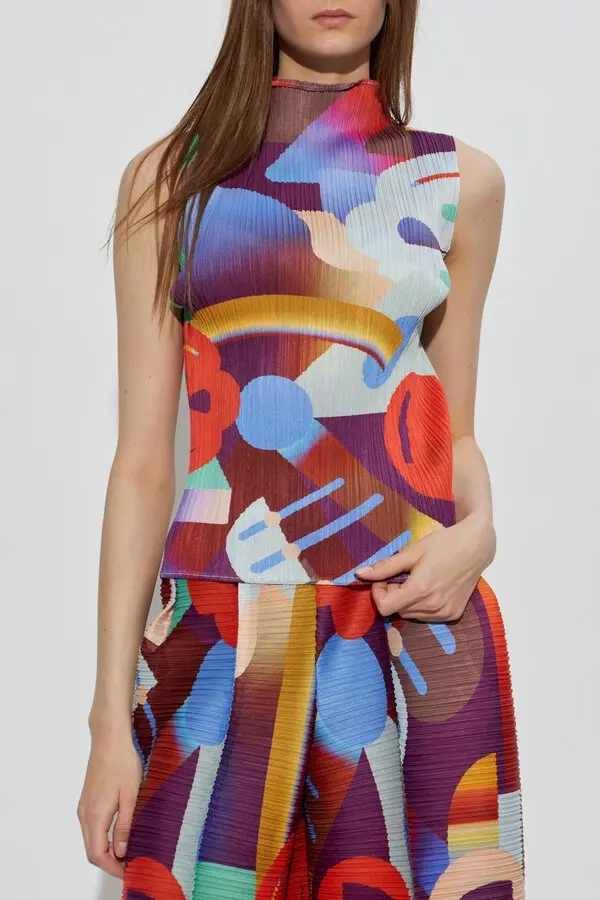 Issey Miyake Sleeveless Pleated Turtleneck Top With Multicolor Spots Print