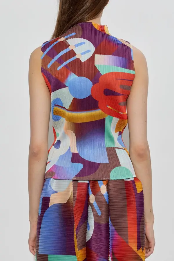 Issey Miyake Sleeveless Pleated Turtleneck Top With Multicolor Spots Print