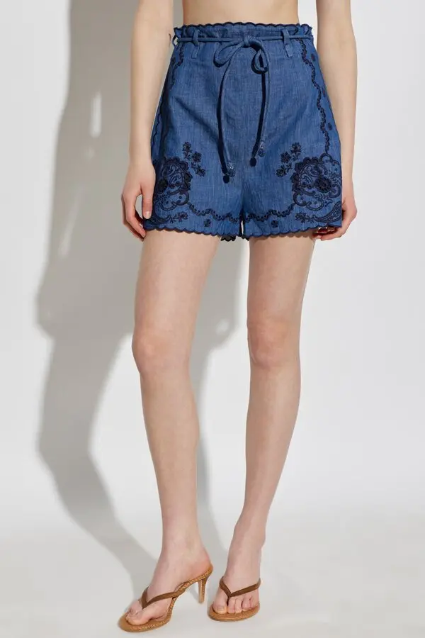 Zimmermann Denim Shorts With Openwork Floral Motif - Navy Blue