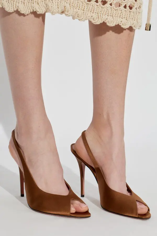 Amina Muaddi Kristina" Satin Slingback High-heeled Pumps - Brown