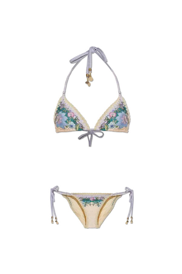 Zimmermann Two-piece Triangle Bikini With Floral Print And Golden Metal Bead Embellishments - Cream