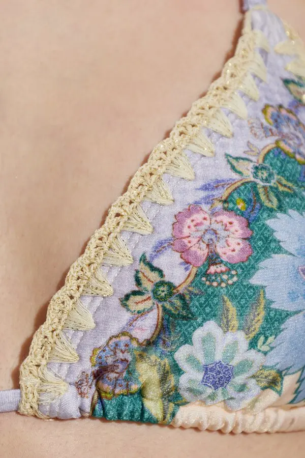Zimmermann Two-piece Triangle Bikini With Floral Print And Golden Metal Bead Embellishments - Cream