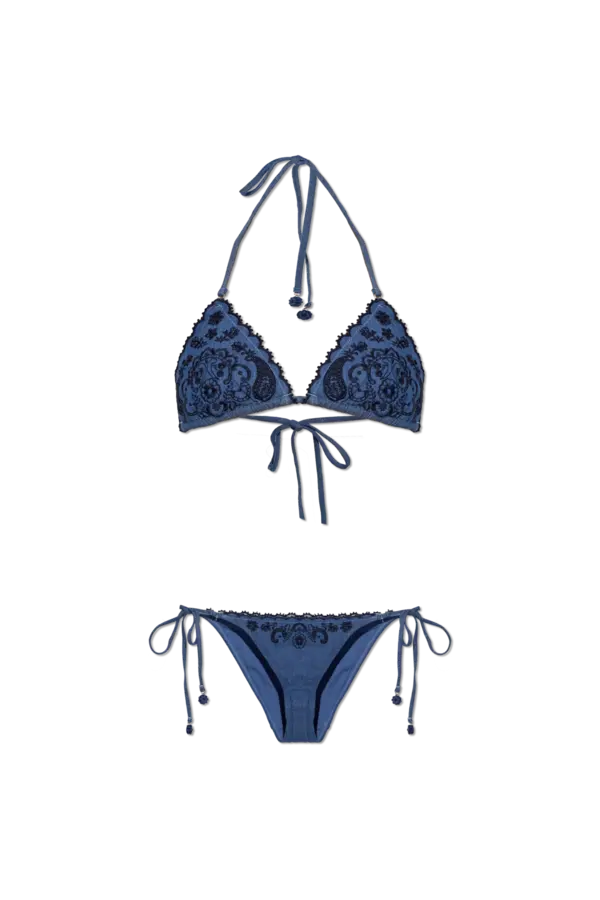Zimmermann Embroidered Halterneck Triangle Bikini - Navy Blue