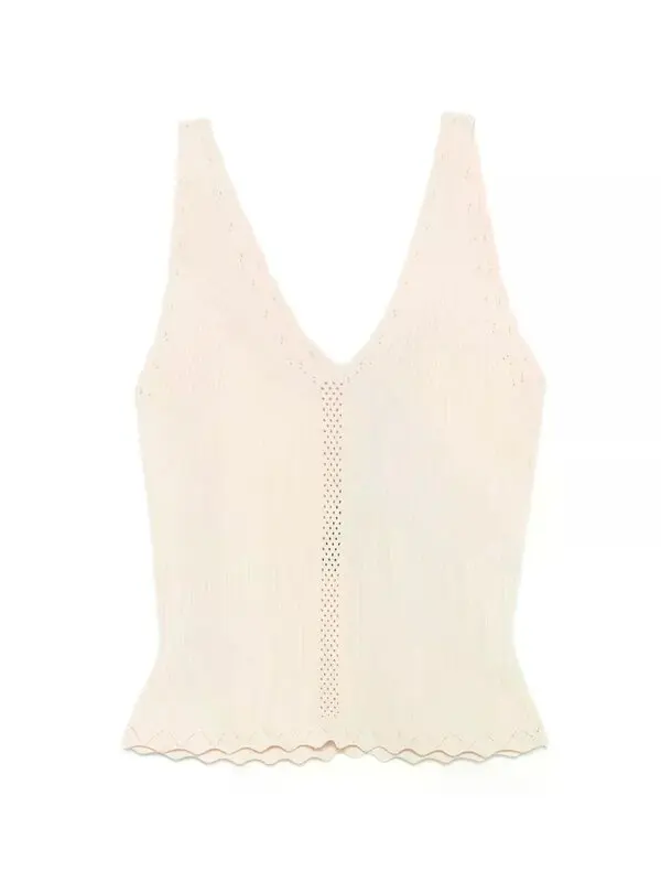 TWINSET Ribbed-knit Pointelle-trim Sleeveless Top - Neutrals