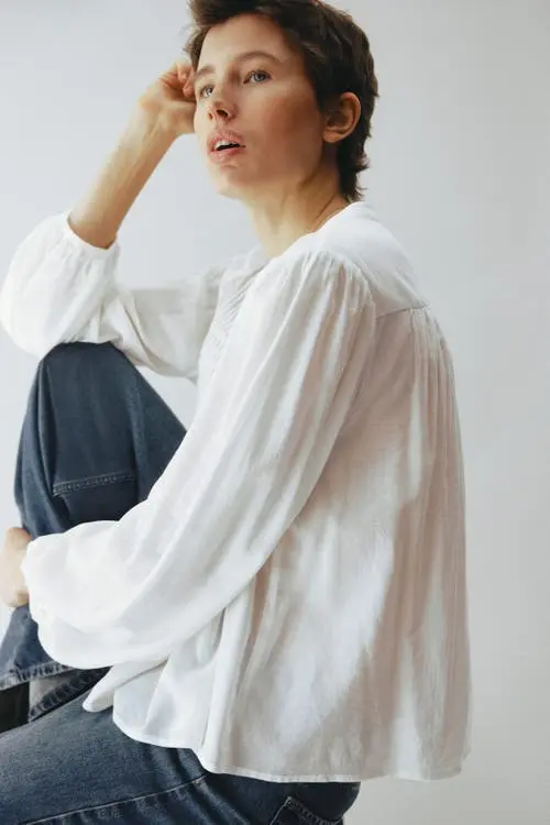 H&m Pintucked Blouse With Balloon Sleeves